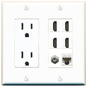 RiteAV 15A Power Outlet 4 Port HDMI 1 x Cat5e Ethernet Coax Cable TV Wall Plate (White)