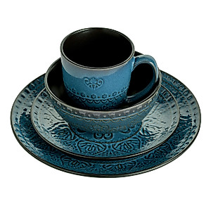 Gibson Elite Milanto Round Embossed Reactive Glaze Stoneware Dinnerware Set, Service for Four (16pcs), Blue
