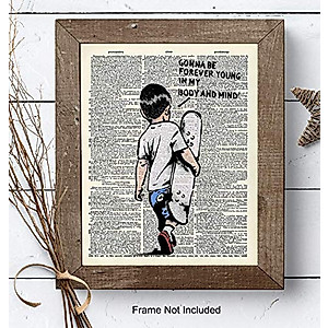 Banksy Skateboard Motivational Upcycled Dictionary Wall Art - Inspirational Graffiti, Urban Street Art Poster Print - Home Decor for Nursery, Kids or Boys Room - Great Gift - 8x10 Photo