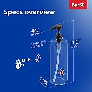 Bar5F Empty Shampoo Bottles with Pumps (2-Pack 32oz/1Liter/Large) BPA-Free PETE1 Plastic Bottle Crystal-Clear