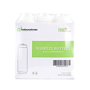 Restaurantware First In First Out 16 Ounce Condiment Squeeze Bottle 6 Refillable Lid FIFO Squeeze Bottle - Precision Dispensing Tip Flexible Clear Plastic Squeeze Bottle For Sauces