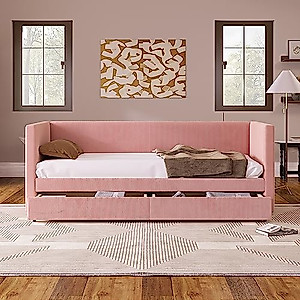 Merax Twin Size Corduroy Daybed with Two Drawers and Wood Slat,Sofa Bed Frame for Bedroom,Girls,Pink