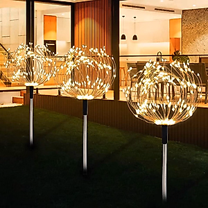 Upgrated 3 Pack Solar Garden Path Lights with Remote, 120 LED Solar Firework String Lights Outdoor, 8 Modes Landscape Stake Lights for Walkway Backyard Patio Christmas Wedding Party (Warm White)