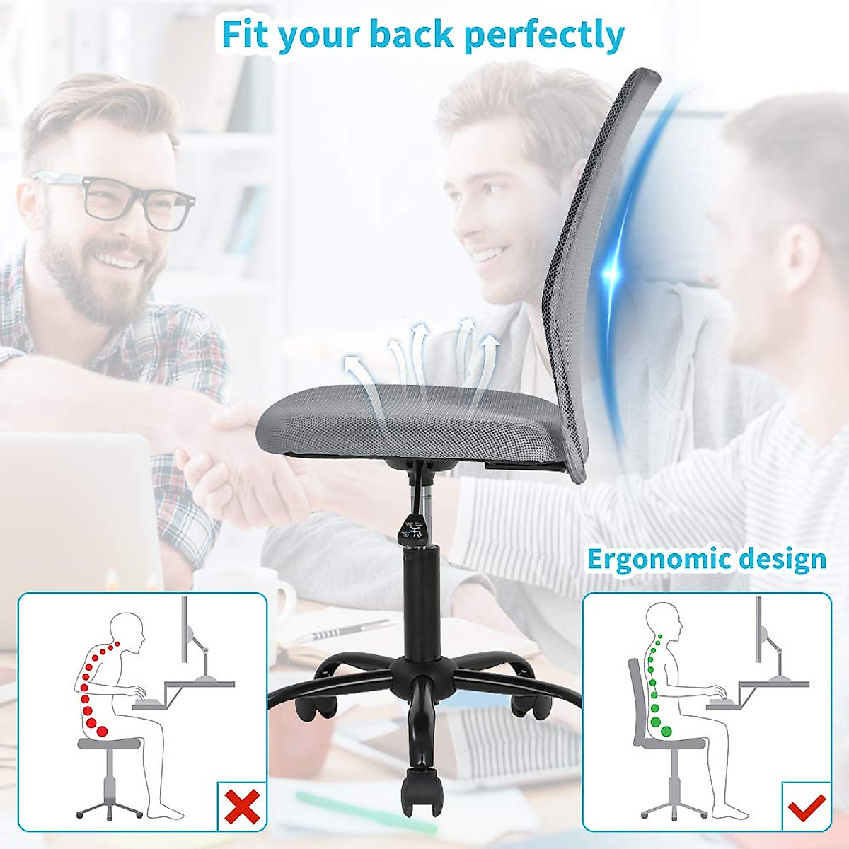 Ergonomic Desk Chair Mid Back Mesh Chair Height Adjustable Office Chair, Home Office Chair Modern Task Computer Chair No Armrest Executive Rolling Swivel Chair with Casters (Grey)