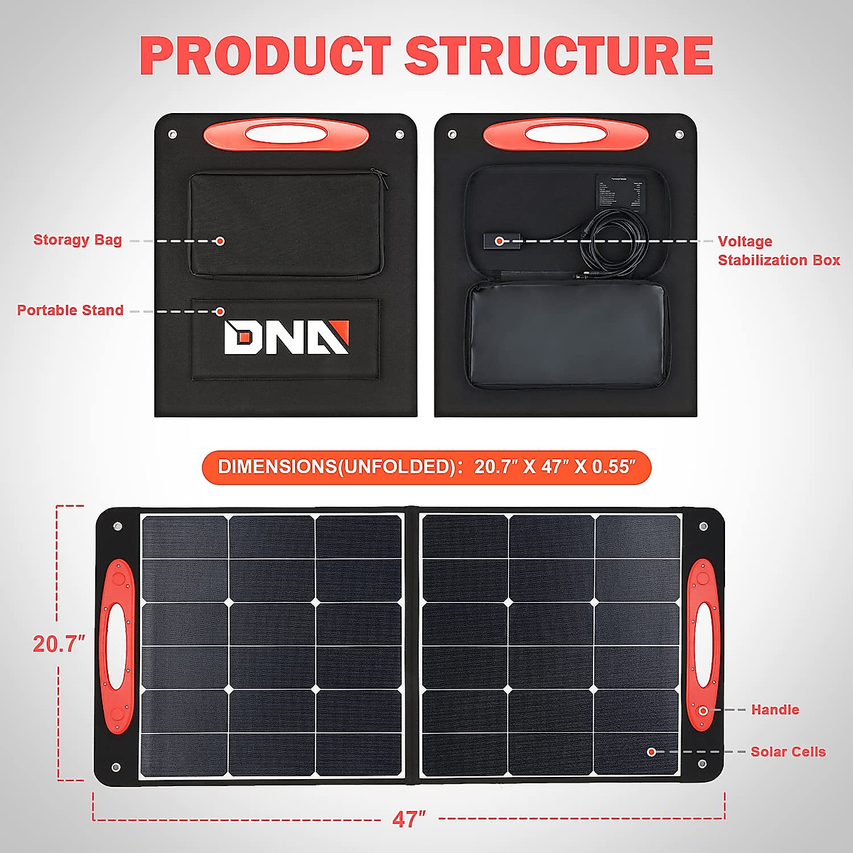 DNA MOTORING Foldable Solar Panel 100W Power Supply for RV Outdoors Camping Travel Home Emergency, with Kickstands,TOOLS-00285,Black/Red