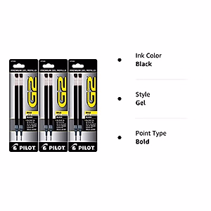 Pilot G2 Gel Ink Refill, 2-Pack for Rolling Ball Pens, Bold Point, Black Ink, Pack Of 3 = 6 Refills