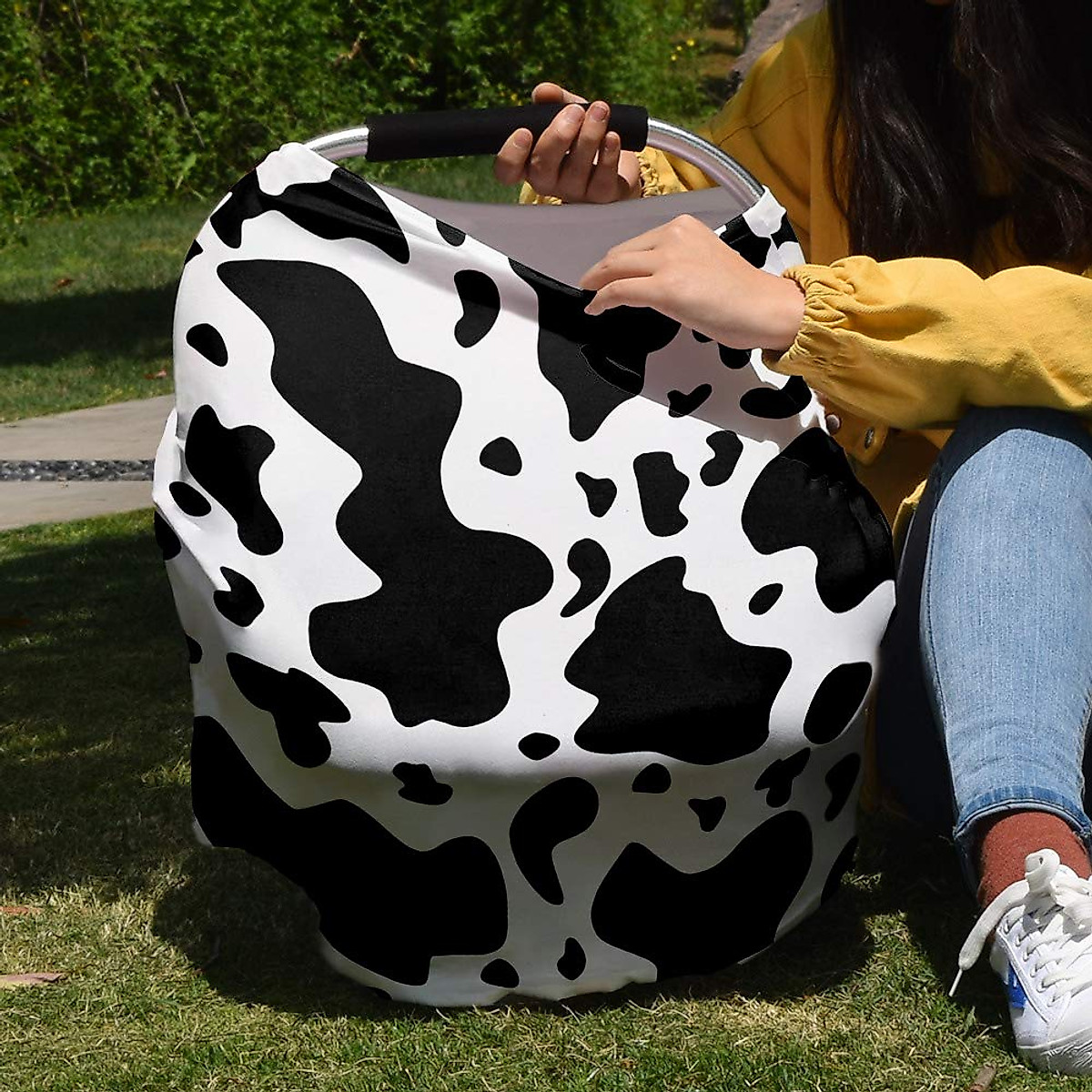 Animal Theme Baby Car Seat Covers, Nursing Cover Breastfeeding Scarf/Shawl, Infant Carseat Canopy, Stretchy Soft Breathable Multi-use Cover Ups, Black and White Cows Brindle