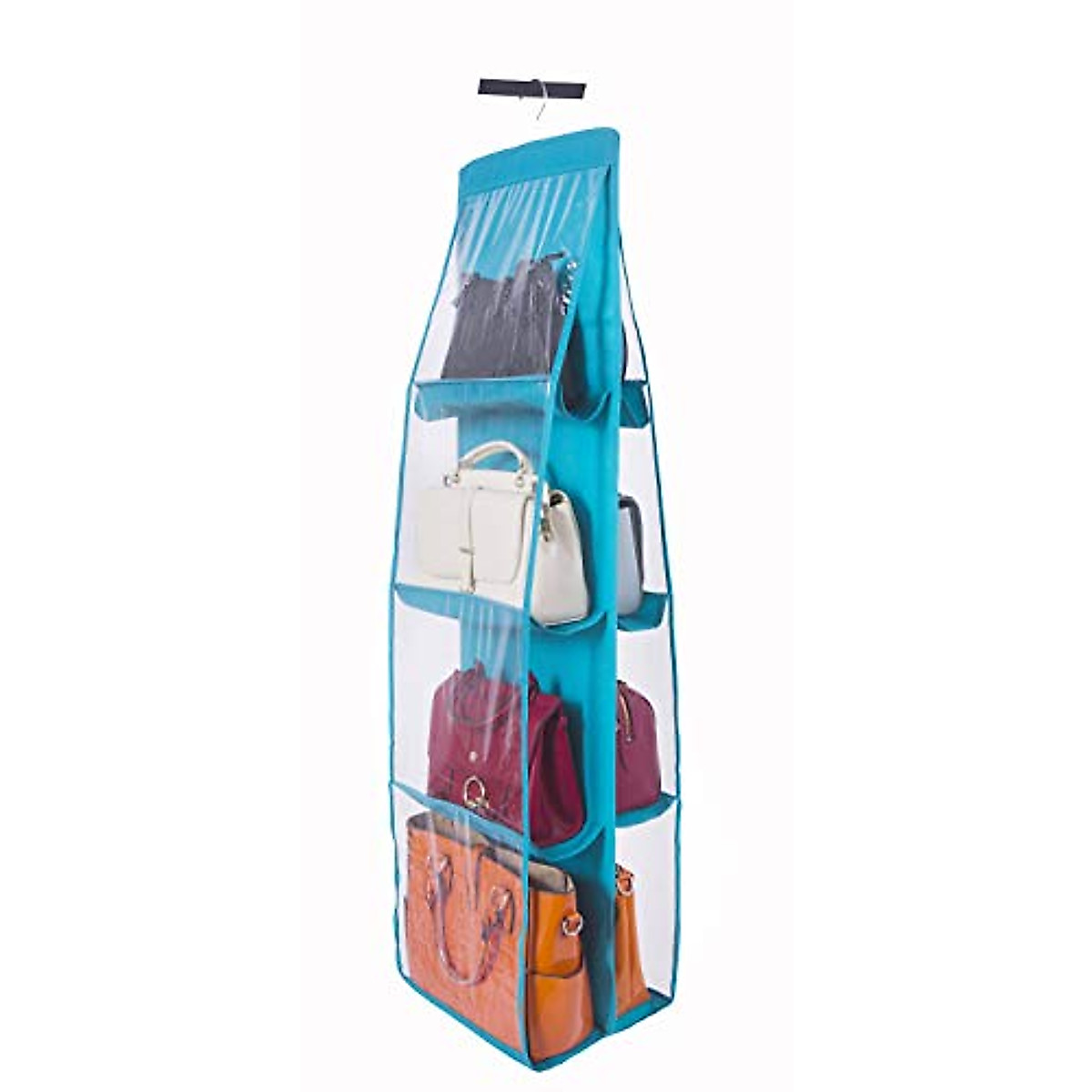 Amelitory Hanging Handbags Holder for Closet 4 Shelf Purse Bags Storage 8 Compartment Dust-Proof Organizer Lake Blue