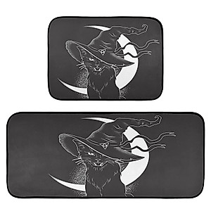 CUPADA Black Cat Halloween Kitchen Rug Set of 2 Evil Witch Hat Vintage Floor Runner Rug Anti Fatigue Non Slip Comfort Mat 19.7x27.6 Inch + 19.7x47.2 Inch for Living Room Laundry Room Hallway