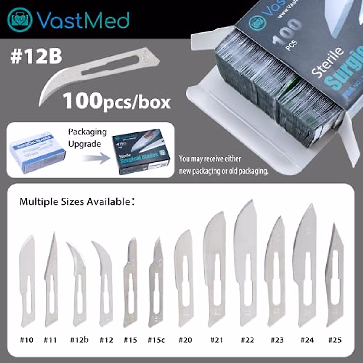 100PCs Dental Grade #12B Stainless Steel Sterile Surgical Blades by VASTMED | Individually Wrapped High Stainless Steel Dermablade Surgical Blade