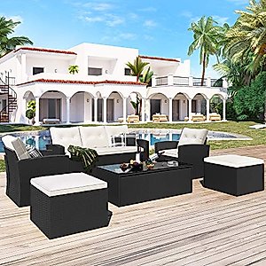 6-Piece Wicker Sofa,All-Weather PE Rattan Patio Outdoor Dining Conversation Sectional Set with Coffee Table, Wicker Sofas, Ottomans, Removable Cushions for Garden (Dark Grey Wicker+Beige Cushion)