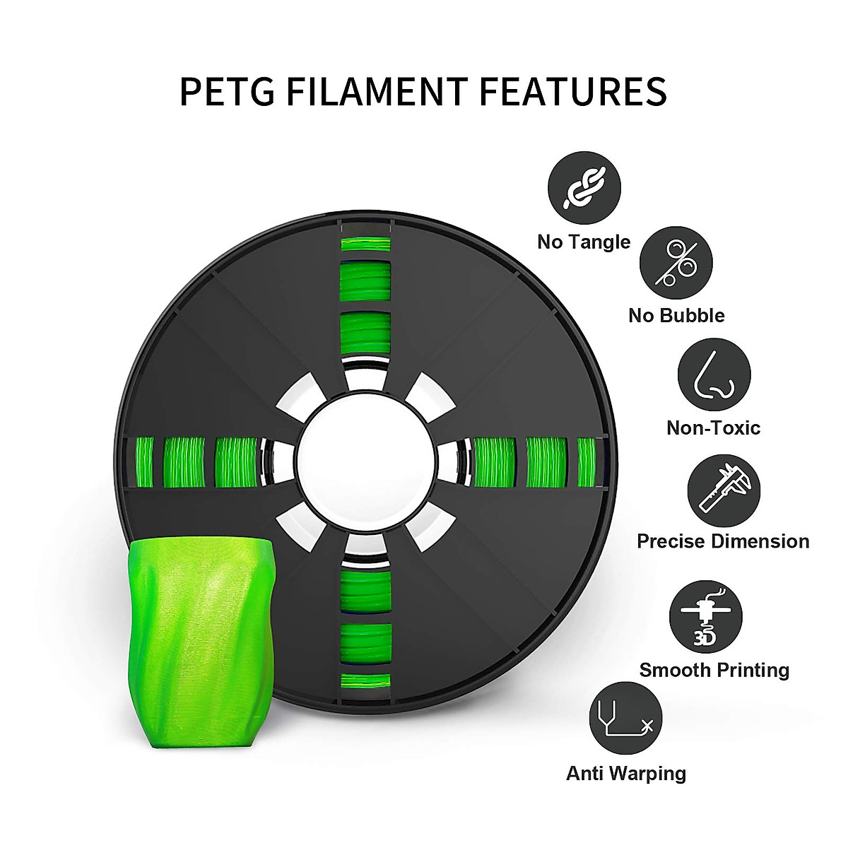 PETG Filament 1.75,Toughness Enhanced Petg Vacuum Sealed,Accuracy +/- 0.02 mm, 1 kg Spool 3D Filament Petg Green