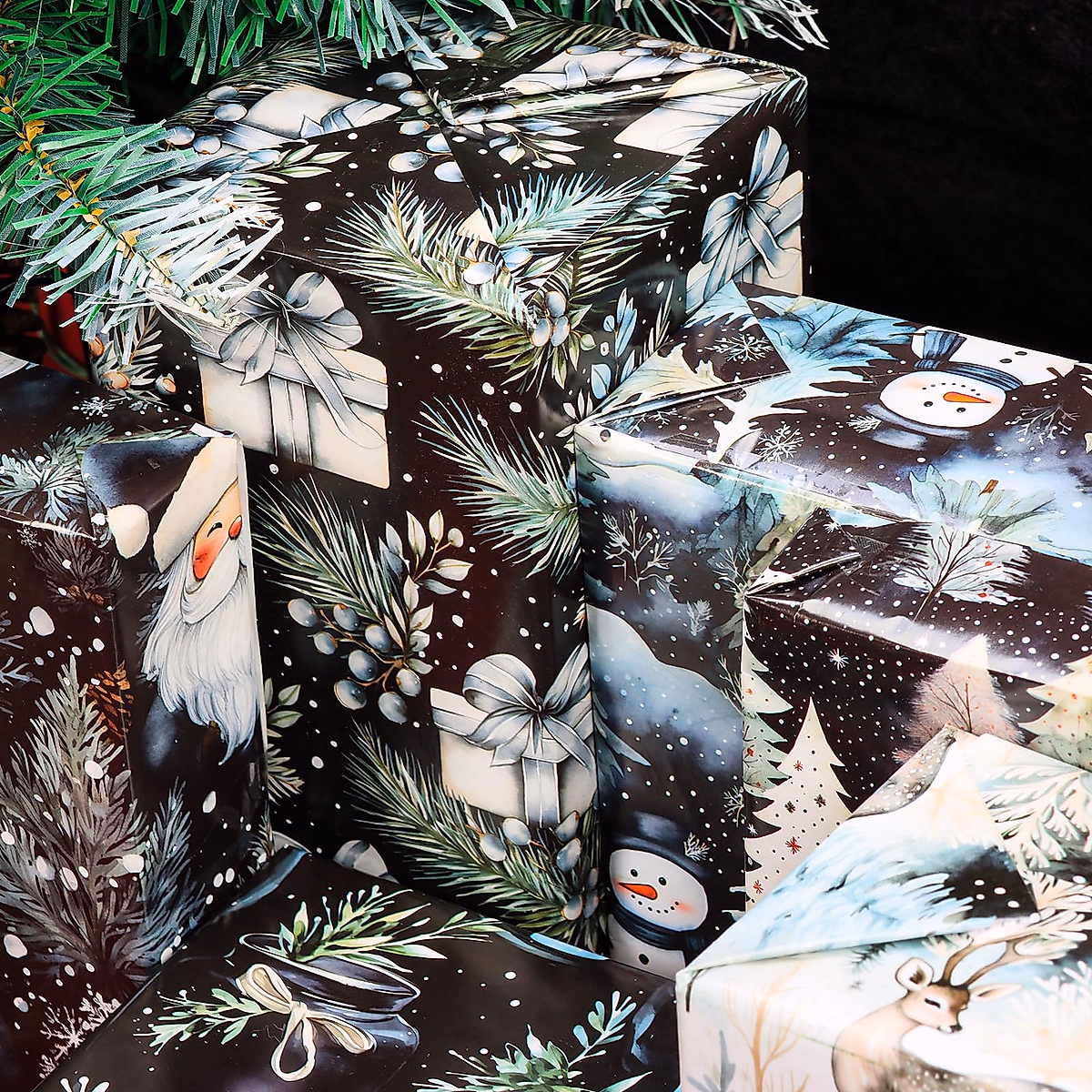 Vnaaem Black Christmas Wrapping Paper 6 Watercolor Xmas Style Gift Wrapping Paper Bulk Santa Snowman Christmas Trees and Reindeer Designs Folded Flat for Winter Holiday - 20 X 28Inches Per Sheet(6 Pack)