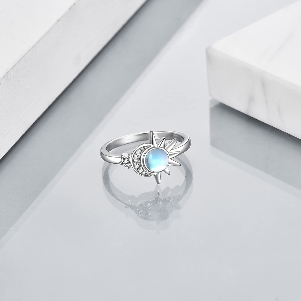 YAFEINI Moon Sun Rings 925 Sterling Silver Synthetic Moonstone Ring Moon Sun Star Jewelry Valentine's Day Birthday Gifts for Women Girlfriends Wife (8)