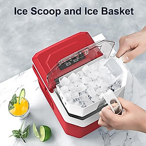 ZAFRO Ice Makers Countertop, 9 Cubes Ready in 6 Mins, Self-Cleaning Ice Machine with Detachable Double Handle and Anti-Hollowing Basket, 2 Size of Bullet Ice for Home Kitchen Office Bar Party, Red