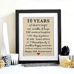 Corfara Framed 10th Wedding Anniversary Burlap Gift 11" W X 13" H, Couples 10th Anniversary 10 Years of Marriage Gift for Wife 10th Wedding Anniversary Keepsake Gift for Husband Wife Him Her