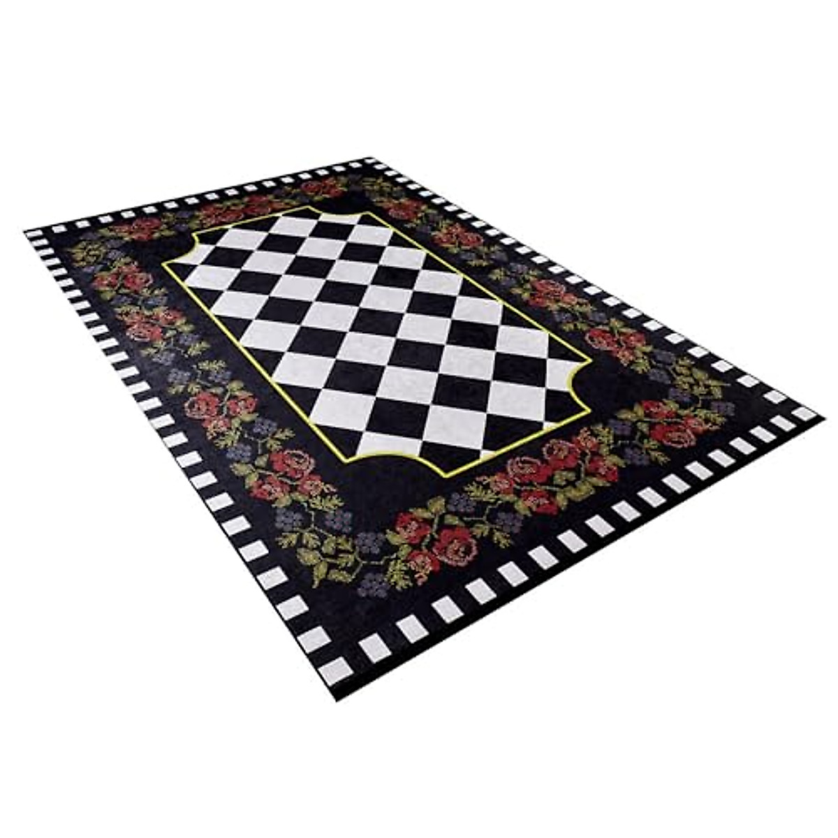 BESPOKY Noginsk Black Floral, Cotton Polyester Area Rug, Machine Washable Rug, Non Slip Rug, Living Room, Bedroom, Nursery, Hallway, Corridor, Rug, Indoor Outdoor Area Rug
