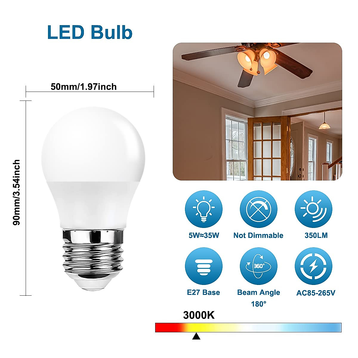 ProCrus E26/E27 Small LED Light Bulbs,LED Bulb Light 5 Watt 35W Equivalent, 3000K Warm White Bulb for Ceiling Droplight,House Lighting, 120V, Not Dimmable,4 Pack
