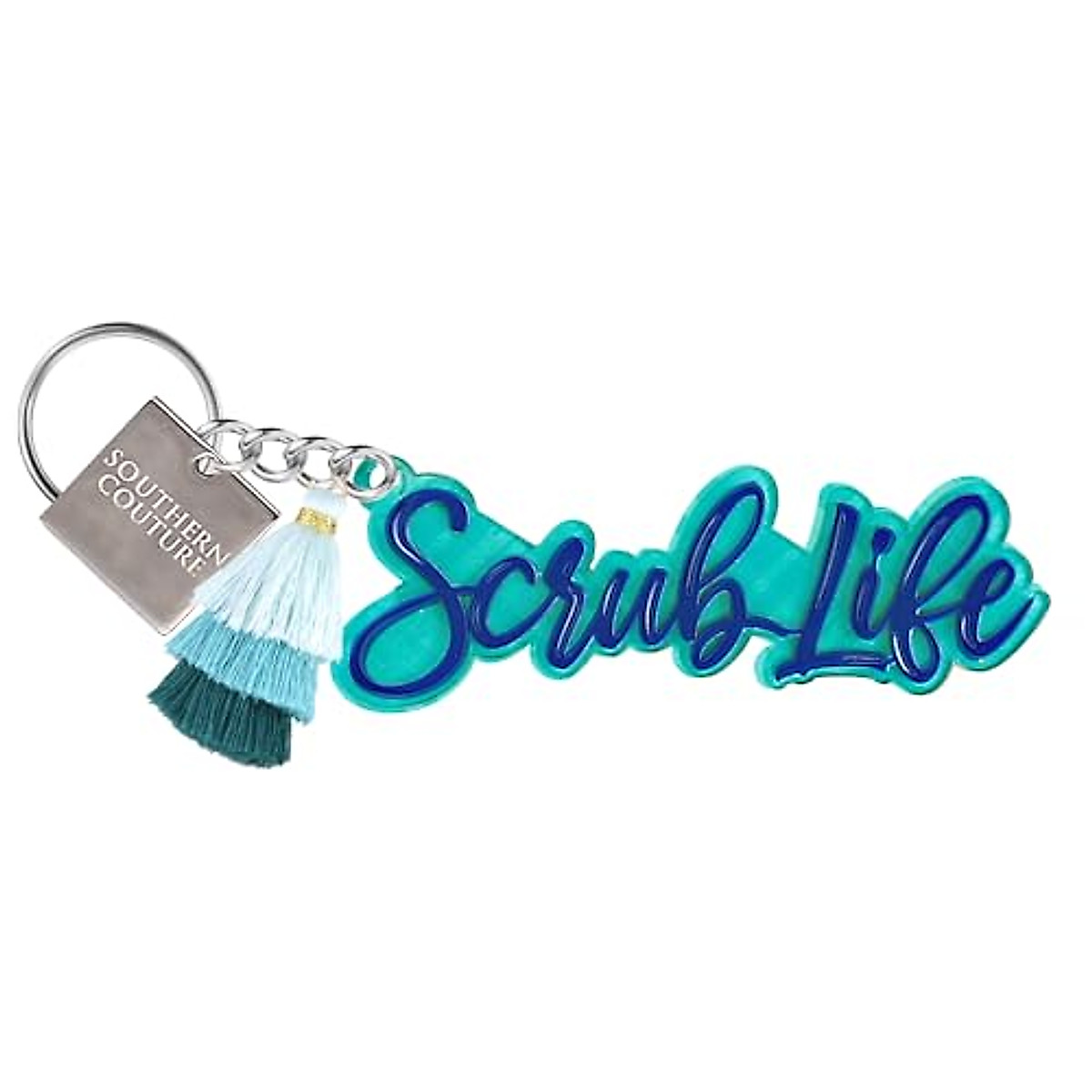 Southern Couture Unique Colorful Navy Blue and Teal Acrylic Word Tasseled Car Accessory Novelty Keychain Holder, Scrub Life