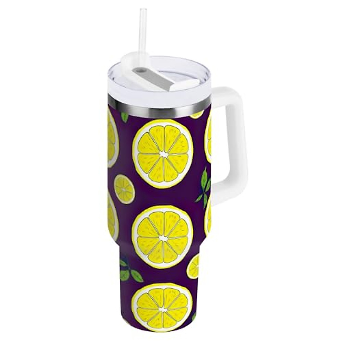 Lemon Purple Stainless Steel Insulated Tumbler with Straw and Handle for Water, Tumbler Insulated 30 OZ / 0.89 L