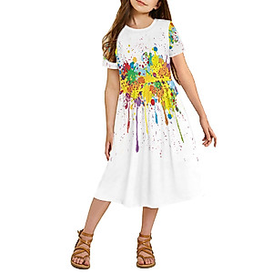 21KIDS Girls Floral Dress Kids Boho Short Sleeve Pleated Casual Dress with Pockets for Girls, Paint, 6 Years