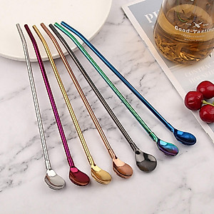 7PCS Metal Spoon Straws Drinking Spoons with 2 Cleaning Brushes 8.5”Reusable Bar Spoon Straw for Iced Coffee Frozen Drink Milkshake Smoothies Sundaes Cocktail Mixing Stirring and Drinking