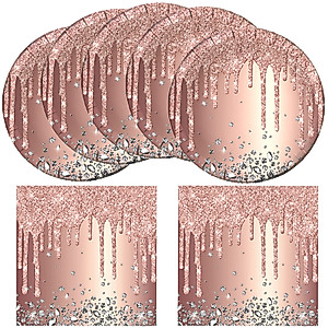 Pink Rose Gold Birthday Party Supplies, 20 Plates and 20 Napkins, Pink Rose Gold Theme Birthday Party Decoration for Girls Women