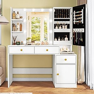 FIONESO Makeup Vanity Desk with Mirror and Lights, Vanity Desk with Jewelry Cabinet, Makeup Vanity Table with 2 Shelves & 2 Cabinets & 3 Drawers, Women, Girls, for Bedroom, White