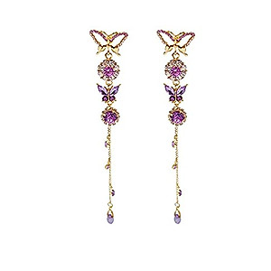fxmimior Long Tassels Butterfly Earrings Dainty Silver Drop Earrings Statement Charm Earring Purple Rhinestones Crystals Body Jewelry for Women