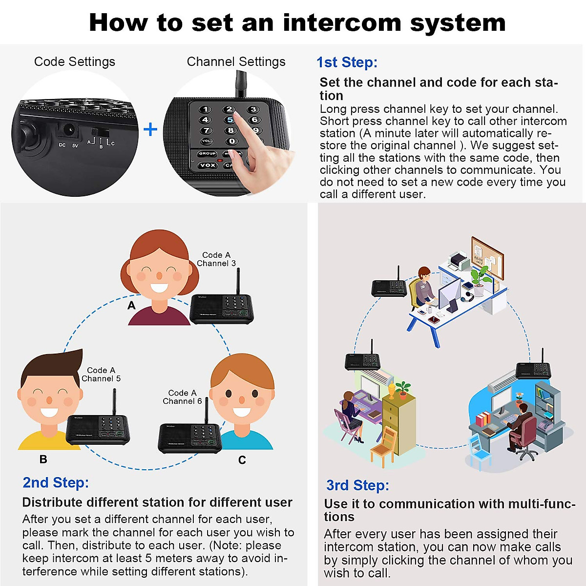 Wuloo Intercoms Wireless for Home 5280 Feet Range 10 Channel 3 Code, Wireless Intercom System for Home House Business Office, Room to Room Intercom, Home Communication System (4 Units Set, Black)