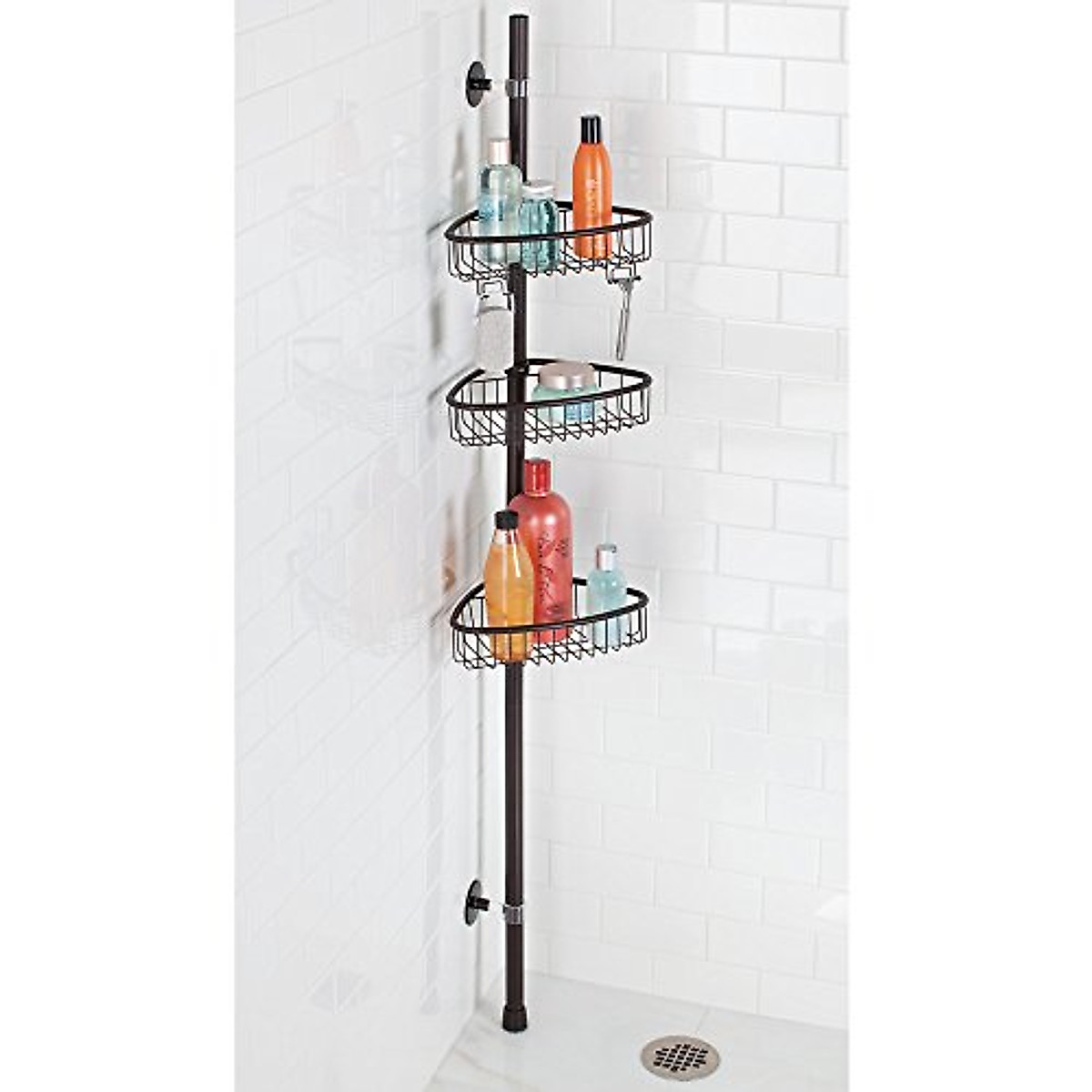 InterDesign AFFIXX, Peel-and-Stick Strong Self-Adhesive Forma Bathroom Corner Shower Caddy Pole for Shampoo, Conditioner, Soap - Bronze