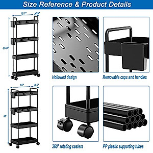 2 Pack 4 Tier Slim Storage Cart, Bathroom Organizer Storage Laundry Room Organization Rolling Utility Cart with Wheels, Mobile Shelving Unit Slide Out Standing Rack for Bathroom, Kitchen, Laundry