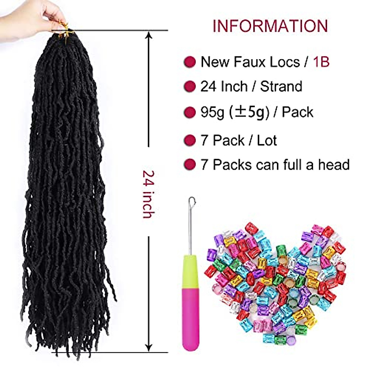 7Packs New Faux Locs 24 Inch Crochet Hair Soft Locs Curly Wavy Pre-Looped Faux Locs Goddess Synthetic Fiber Hair Extensions (24Inch,1B)