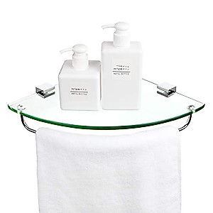 Vdomus Glass Corner Shelf for Bathroom, Tempered Glass Shelf with Rail, Stainless Steel Wall Mounted Corner Shower Shelf, Glass Shelf for Storing Seasoning Bottle/Brush/Shower/Gel/Soap/Shampoo