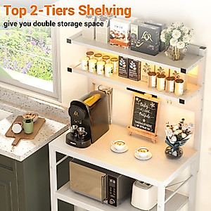 Aheaplus Bakers Rack with Power Outlet, Microwave Stand, 5 Tiers Coffee Bar Station with Led Lights, Kitchen Storage Shelf with 6 S-Shaped Hooks, Kitchen Rack for Spices, Pots and Pans, White