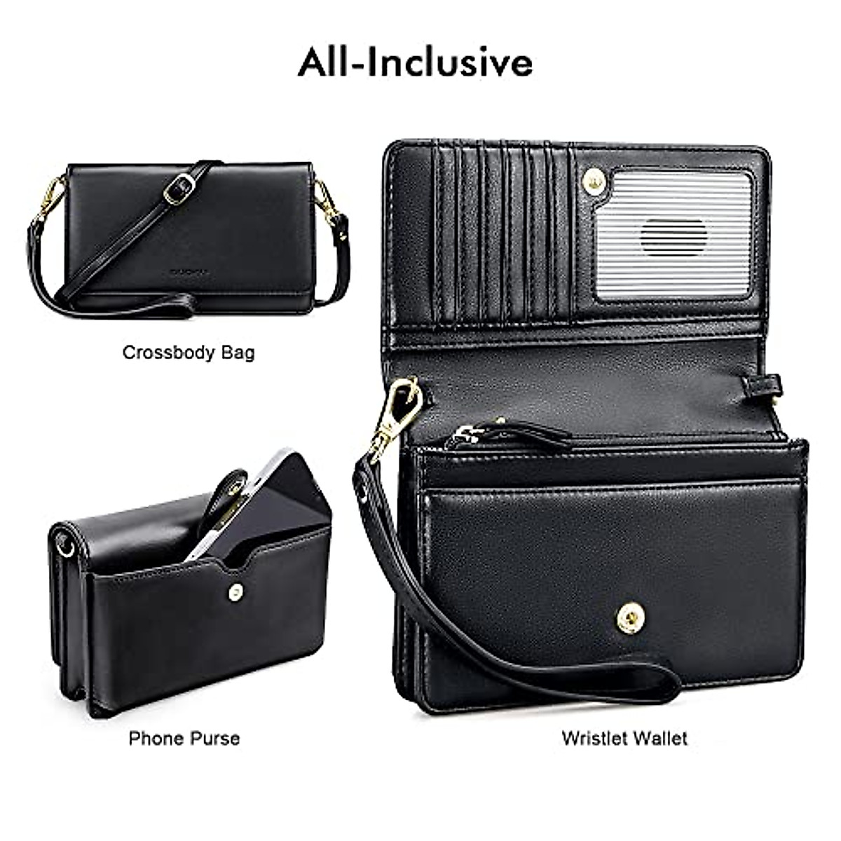 nuoku Crossbody Bag for Women Cellphone Little Purse with Credit Card Slots Lightweight Leather Wristlet Wallet, Black