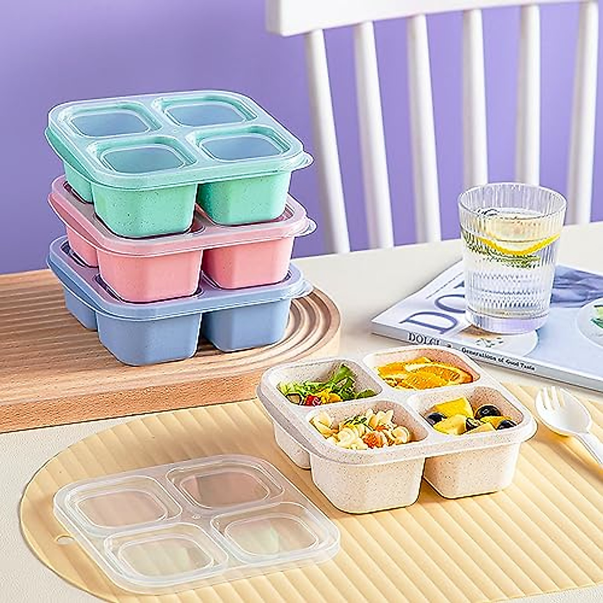 Aimkeoulee 4 Pack Snack Containers with Lids,Reusable 4 Compartments Bento Lunch Box, Divided Meal Prep Lunch Box, Food Storage Containers (Wheat(Blue/Green/Pink/Beige))