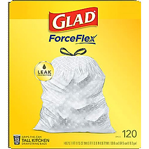 GLAD ForceFlex Tall Drawstring Trash Bags, 13 Gallon White Trash Bags for Tall Kitchen Trash Can, Unscented Leak Protection Bags, 120 Count - Packaging May Vary