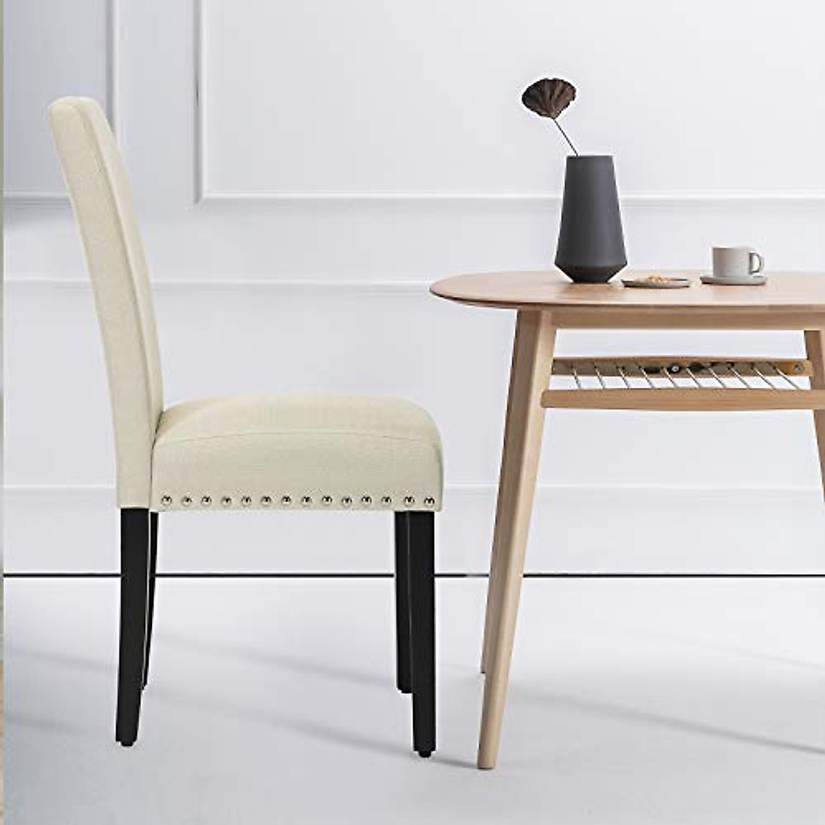 LSSBOUGHT Upholstered Dining Chairs with Solid Wood Legs and Nailed Trim Set of 4 (Beige)