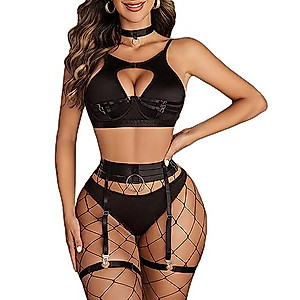 Avidlove Sexy Lingerie Set for Women with Underwire Bondaged Lingerie Set Strappy Push Up 5 Piece Garter Lingerie Set(No Stockings) Black