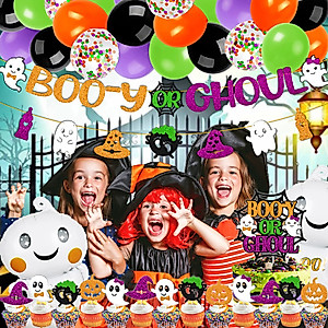 Halloween Gender Reveal Decorations Boo-y or Ghoul Banner Cake Cupcake Topper Ghost Balloon Pumpkin Witch Hat Theme for Kids Boy Girl Halloween Baby Shower Party Supplies