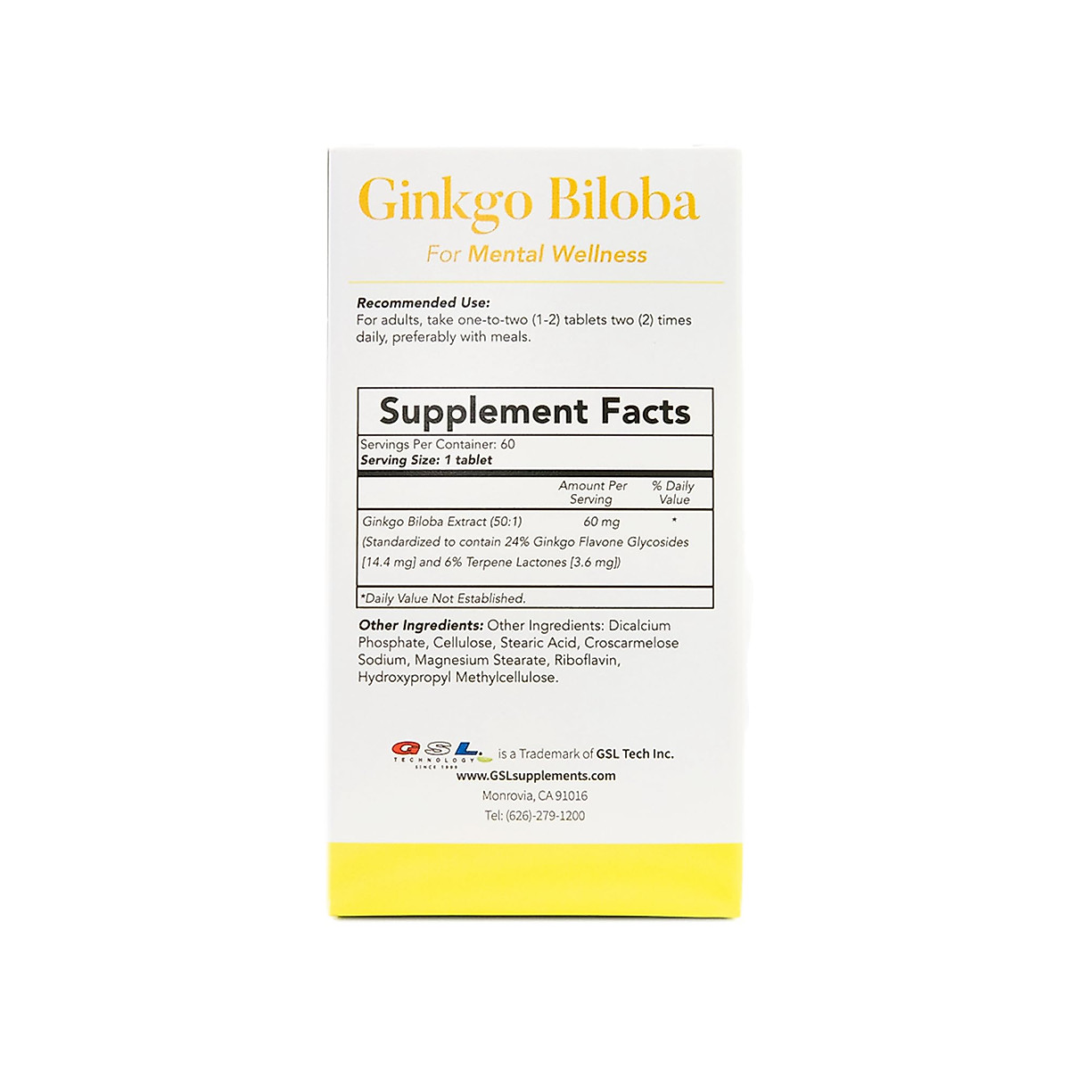 GSL Technology Ginkgo Biloba | 60MG of Ginkgo Biloba 50:1 Extract (Equivalent to 3000MG Per Tablet) | Made in USA (60 Tablets)