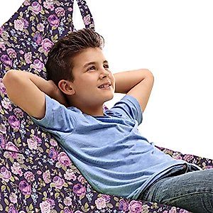 Lunarable Shabby Flora Lounger Chair Bag, Rustic Romantic French Garden Pattern Countryside Wedding Theme, High Capacity Storage with Handle Container, Lounger Size, Eggplant Lilac Pale Blue