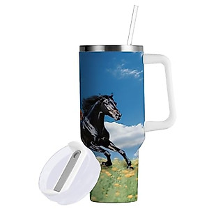 Jihqo Running Field Horses 40 oz Stainless Steel Vacuum Insulated Tumbler with Handle and Straw Lid, Leakproof Water Bottle Double Wall Travel Mug Coffee Cup, Cupholder Friendly