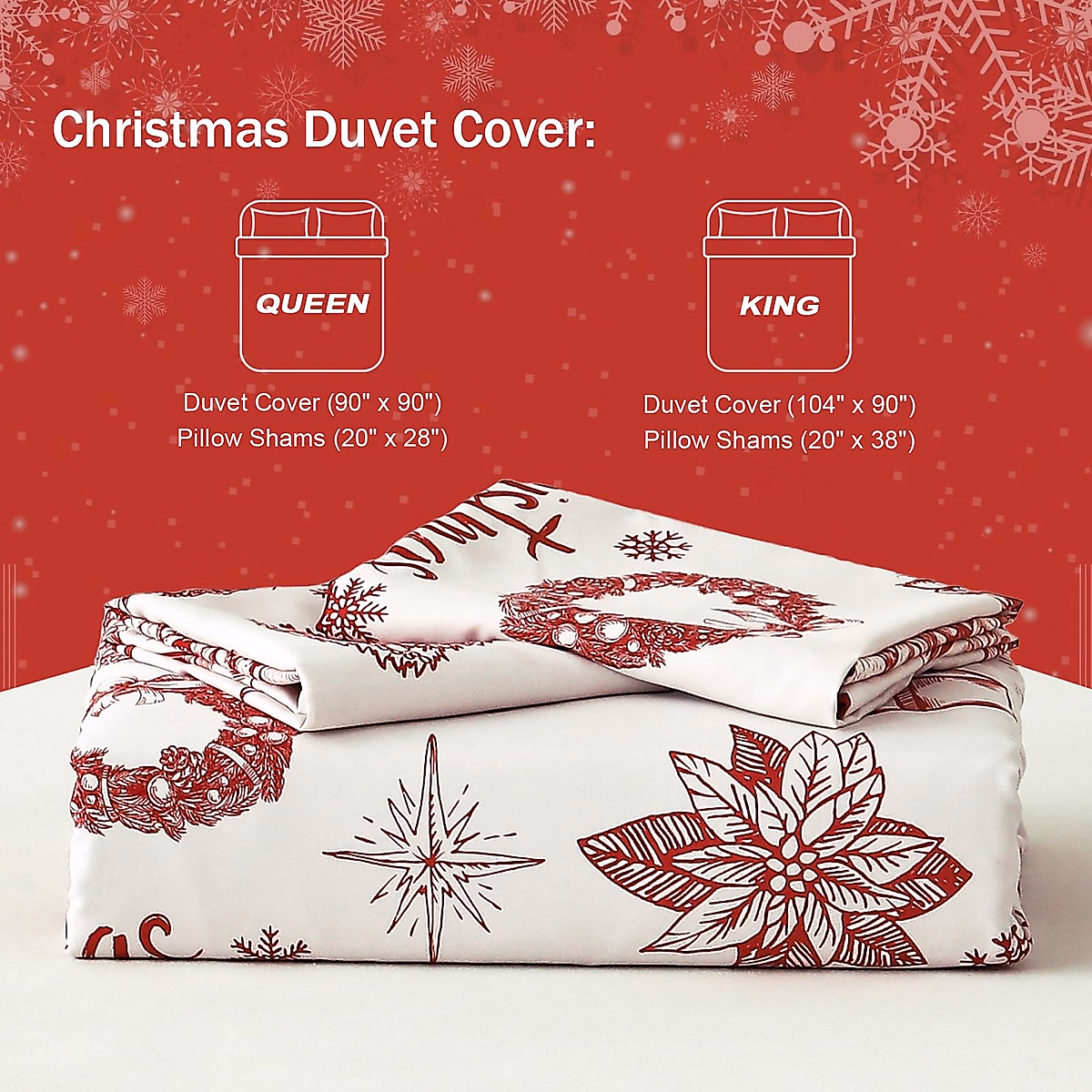 WONGS BEDDING Christmas Duvet Cover Set King, 3 Pcs Red Christmas Bedding Set with Elk, Snowflakes, Farmhouse, Soft Microfiber Comforter Cover Set Includes with 2 Pillowcases (Not Comforter)