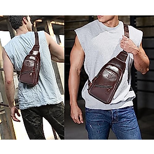 BULLCAPTAIN Leather Sling Chest Bag for Men Outdoor Hiking Travel Crossbody Bag Backpack with USB Charging Port (Black)