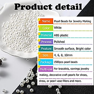 HILELIFE 1500pcs Pearl Beads for Jewelry Making, 4mm 6mm 8mm 10mm Round Loose Pearls Beads with Hole, Bracelet Pearls for Crafts, White Pearls for Jewelry Making