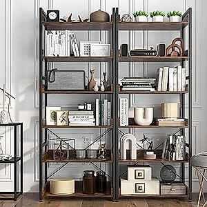 Tangkula 6-Tier Bookshelf, 70” Tall Industrial Bookcase w/Open Shelves & 4 Hooks, Storage Rack w/Metal Frame, Vintage Standing Display Rack for Study Living Room Kitchen (Rustic Brown, 6-Tier)