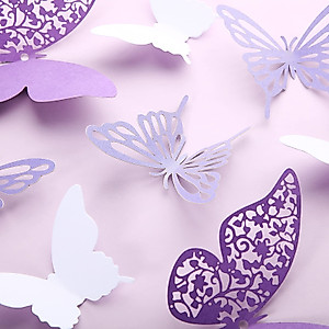 144 Pieces 3D Butterfly Wall Stickers Decor Butterfly Decals DIY Decorative Wall Art Cutouts Crafts Removable for Room Wedding Flower Party Decorations, 3 Styles (White, Light Purple, Dark Purple)