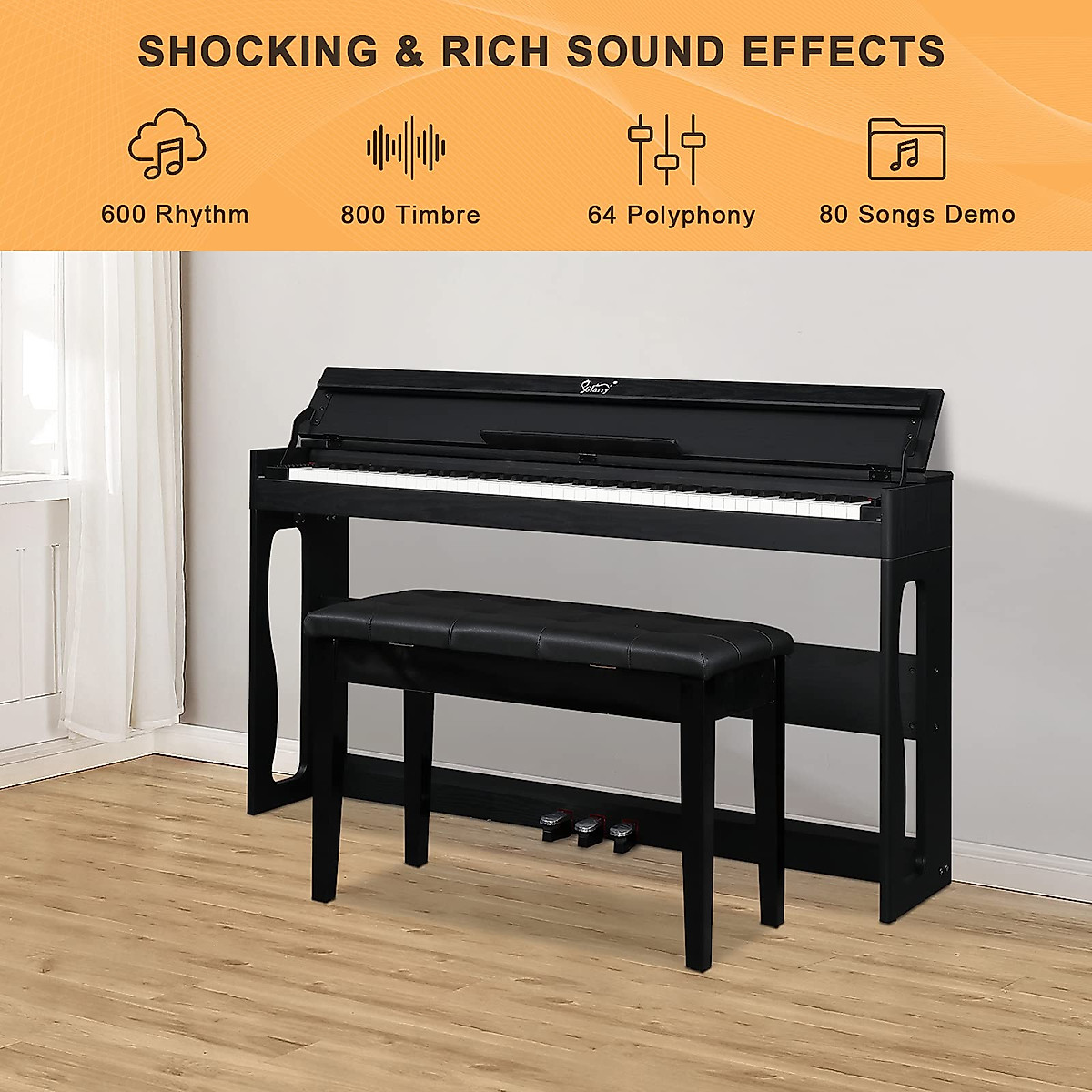 GLARRY 88 Key Home Digital Piano for Beginners, Electric Keyboards Piano MP3/USB/MIDI/Bluetooth Function w/Music Stand, Power Adapter, Triple Pedals, Instruction, Headphone（Black）